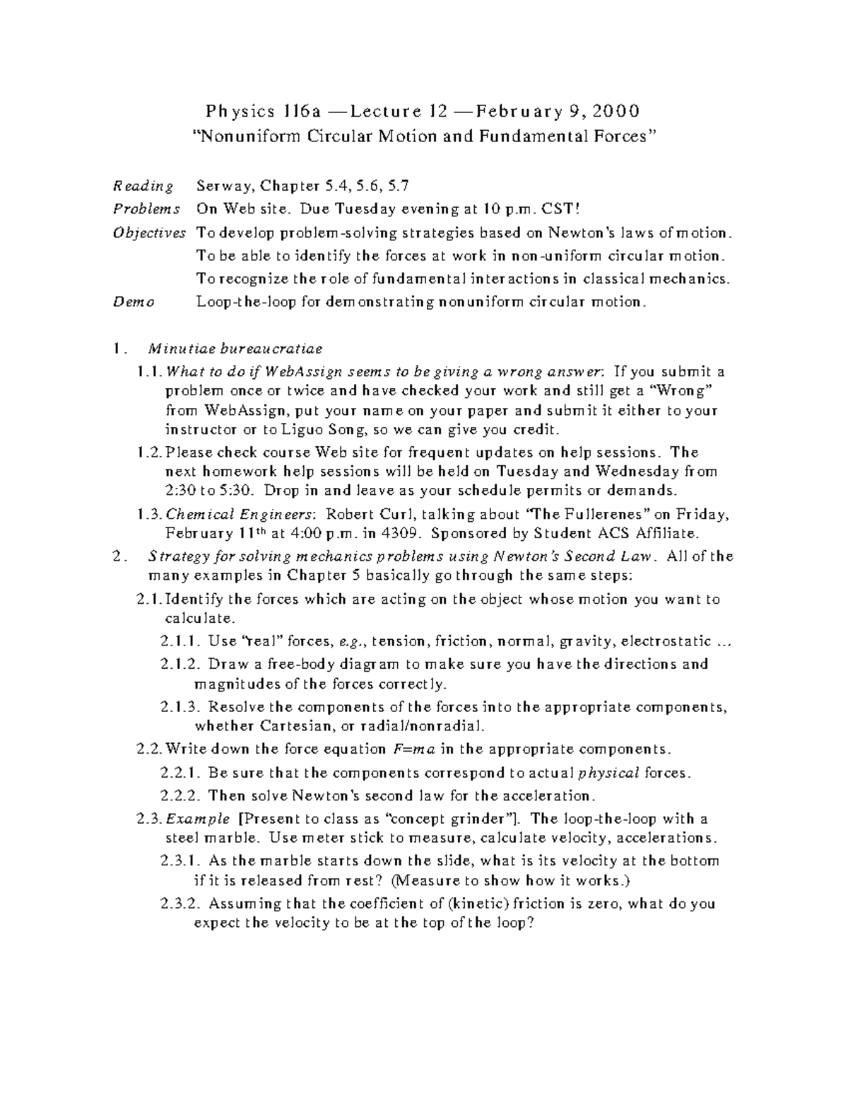 Phys 116a Lecture 12 - Ph ys ics 116 a — Le ctu re 12 — Fe bru ary 9 ...