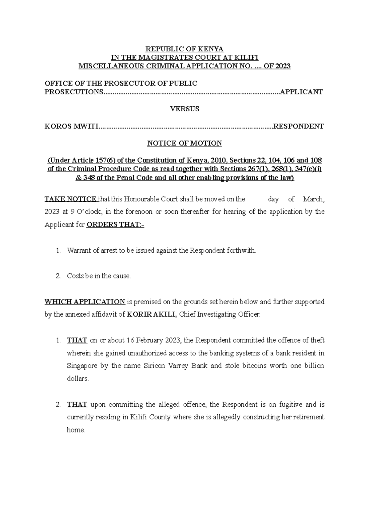 Project WORK Criminal Litigation - REPUBLIC OF KENYA IN THE MAGISTRATES ...