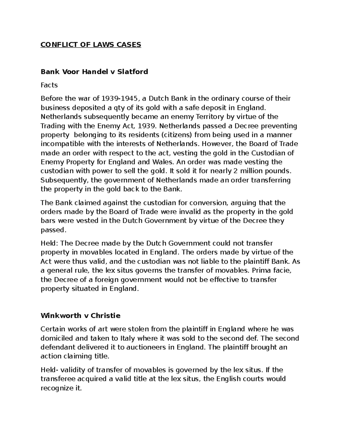 Conflict Cases - CONFLICT OF LAWS CASES Bank Voor Handel v Slatford ...