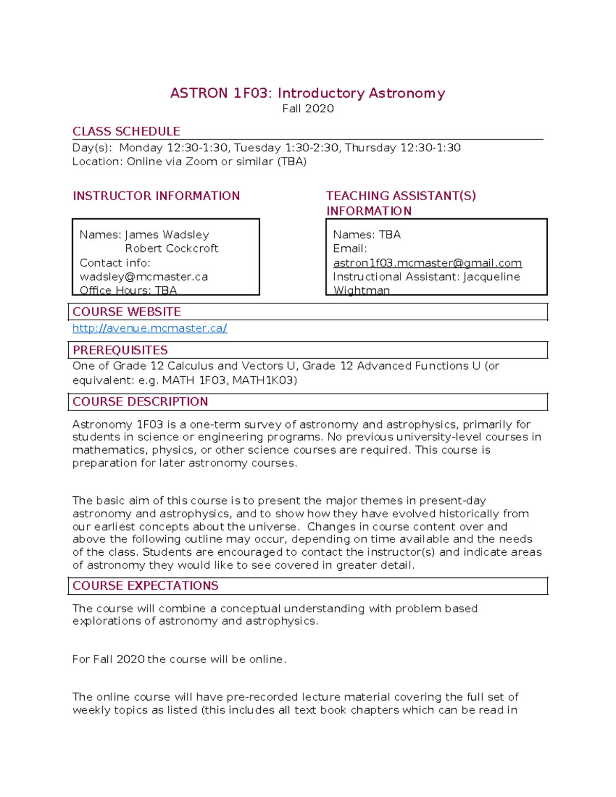 Course Outline Astron 1F03 2020 R2 - ASTRON 1F03: Introductory ...