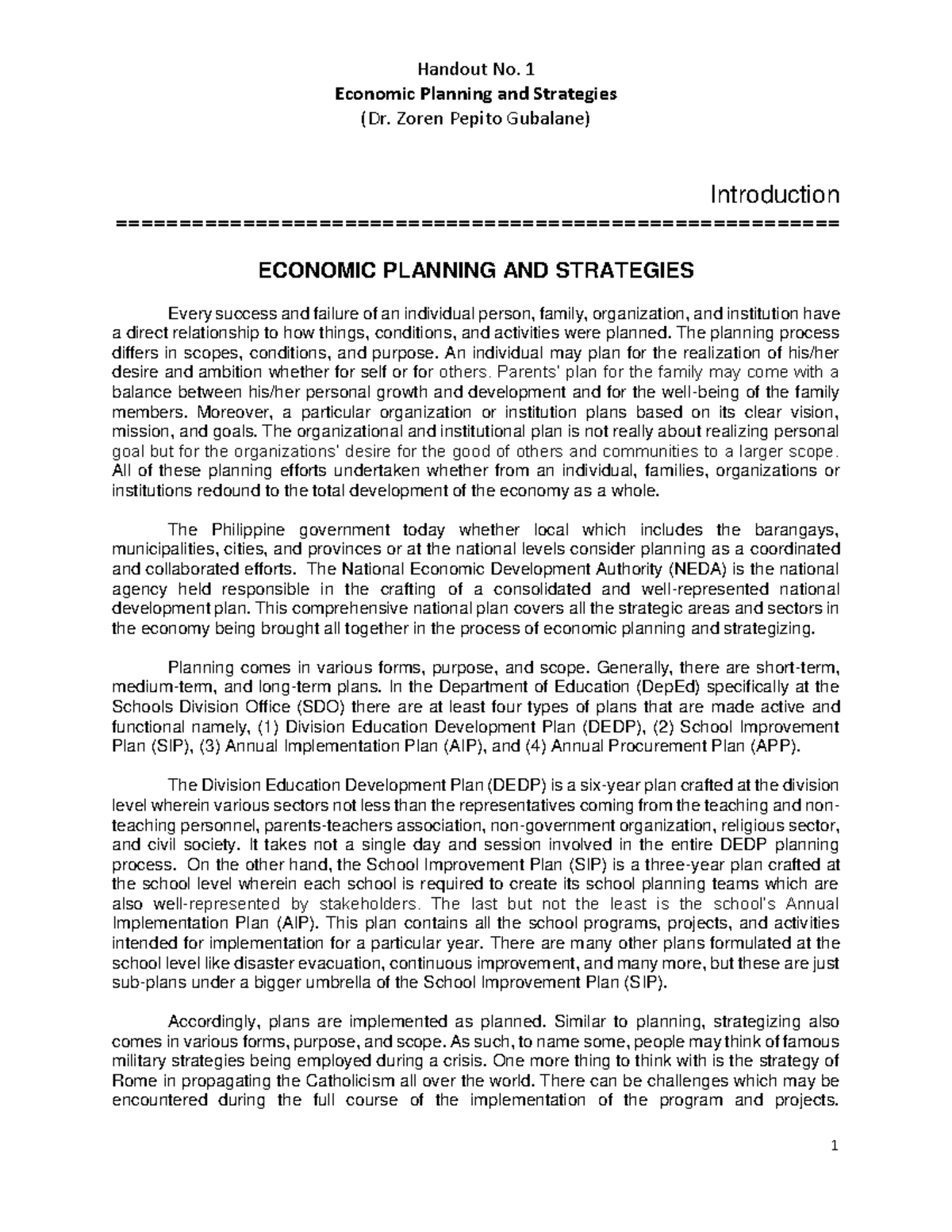 Economic Planning Introduction - Economic Planning and Strategies (Dr ...