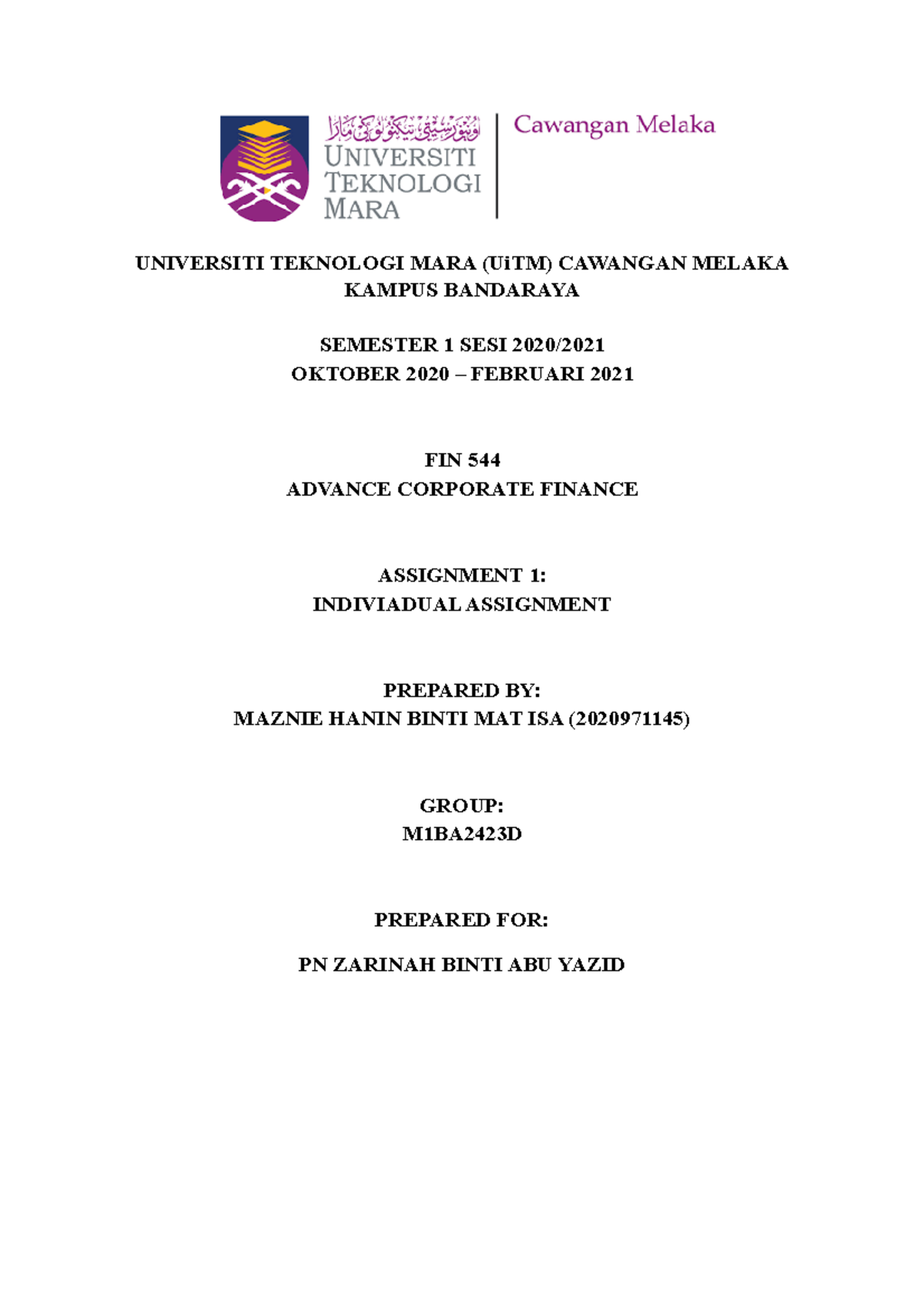 Individual Assignment 1 FIN544 ( Maznie Hanin Binti MAT ISA ...