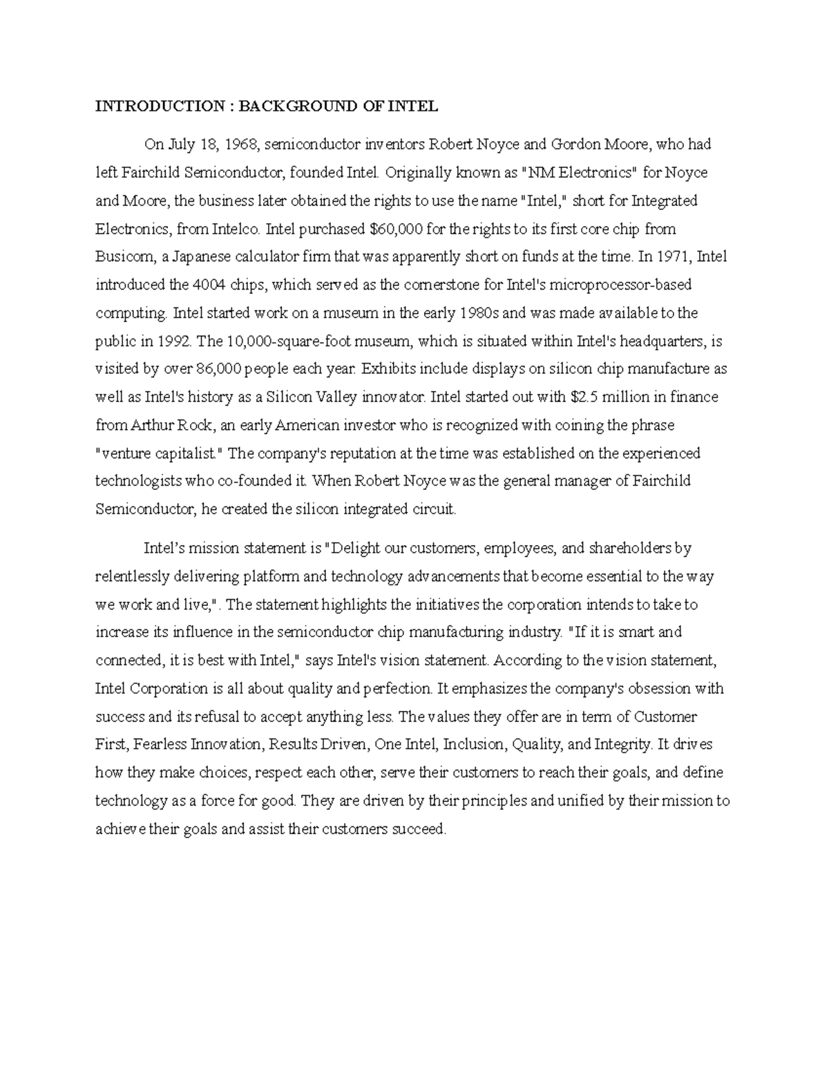 Intel - Intro - INTRODUCTION : BACKGROUND OF INTEL On July 18, 1968 ...