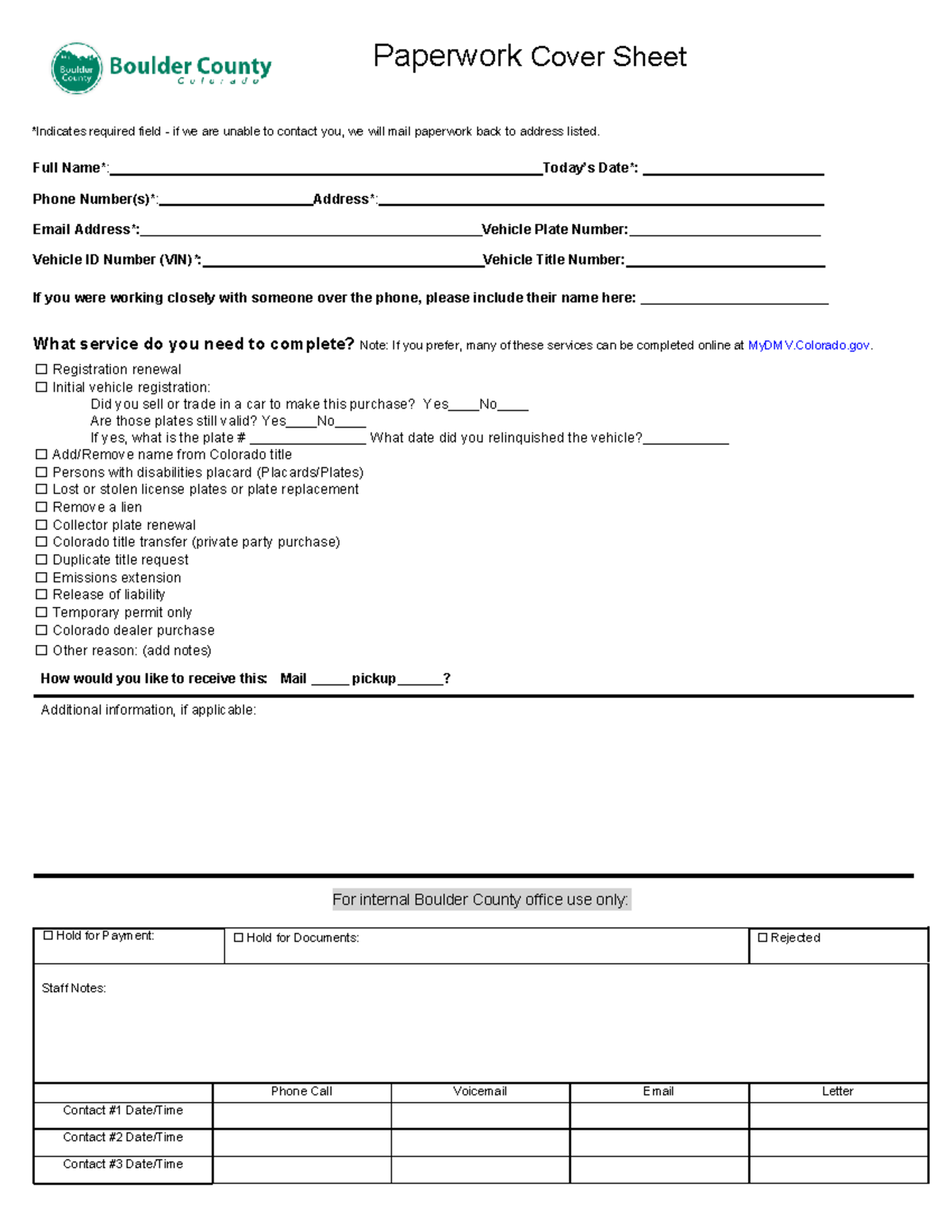 Motor vehicle drop box colorado title transfer - Paperwork Cover Sheet ...