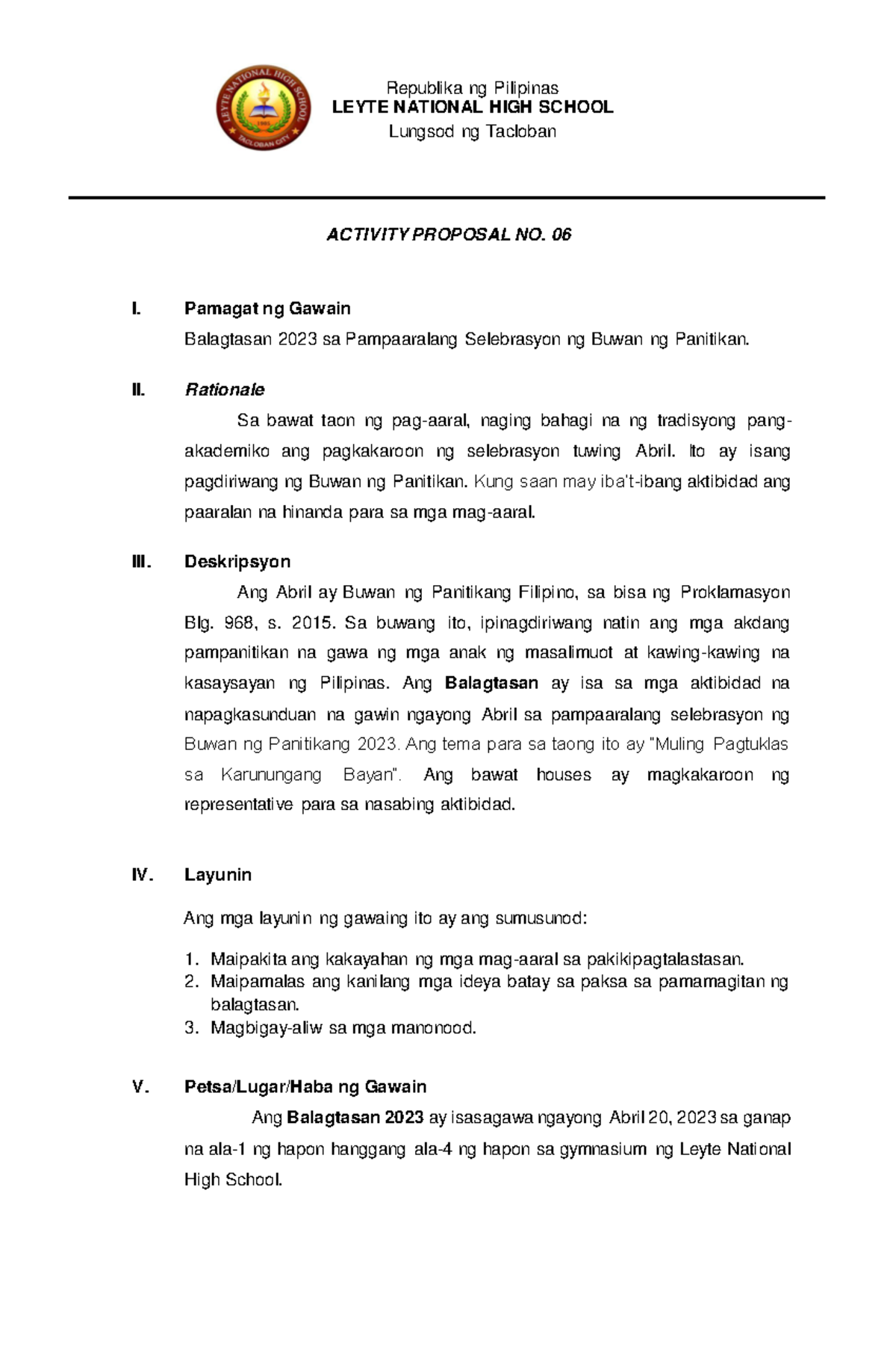 School Program Proposal - ACTIVITY PROPOSAL NO. 06 I. Pamagat ng Gawain ...