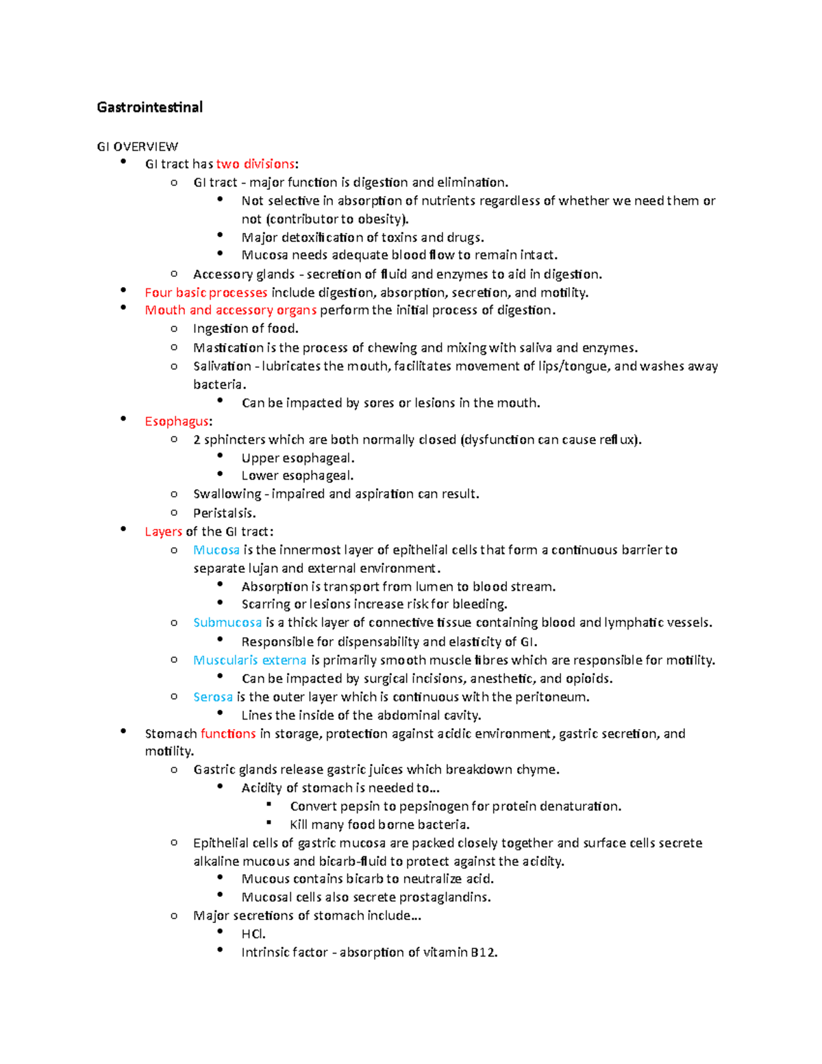 Gastrointestinal - Notes - Gastrointestinal GI OVERVIEW GI tract has ...