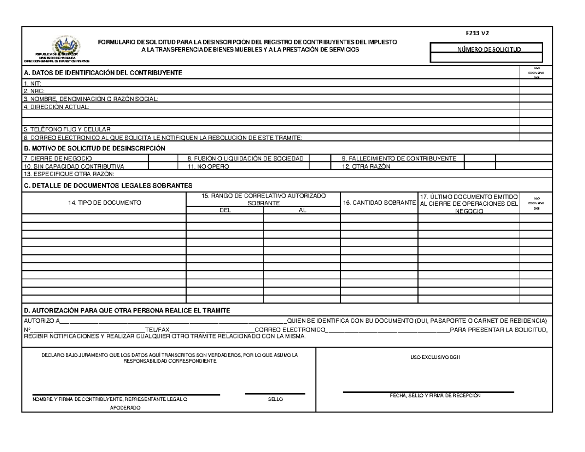F213 V2 - F213 V FORMULARIO DE SOLICITUD PARA LA DESINSCRIPCIÓN DEL ...