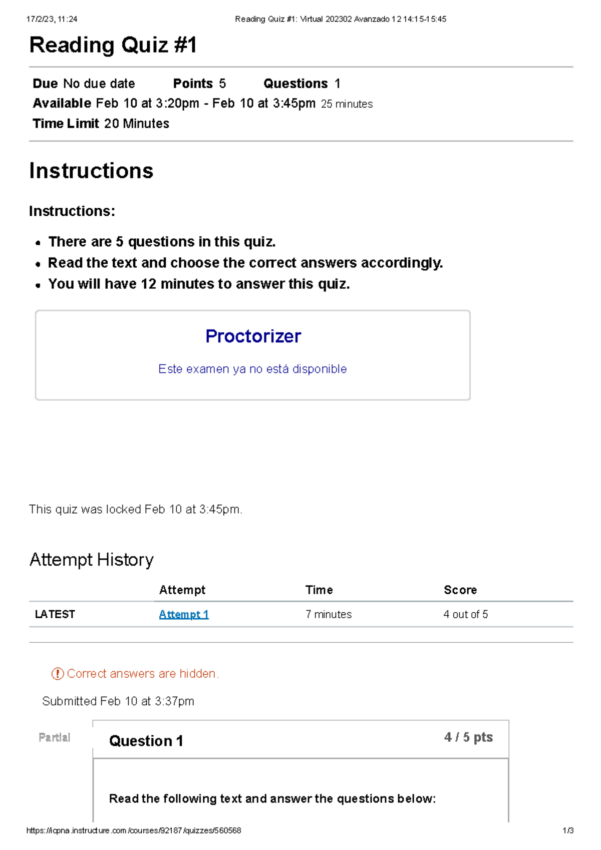 Reading Quiz #1 Virtual 202302 Avanzado 12 14 15-15 45 - 17/2/23, 11:24 ...