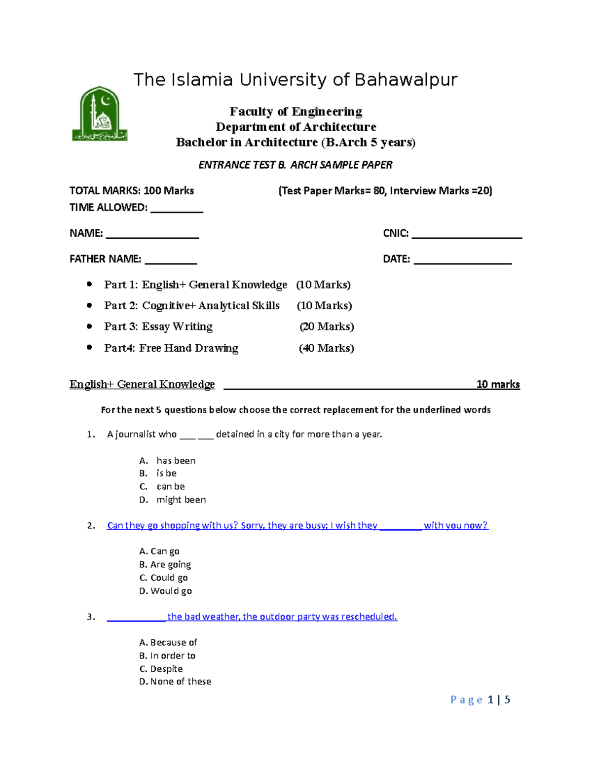 1674032375 sample entry test paper for architecture - The Islamia ...