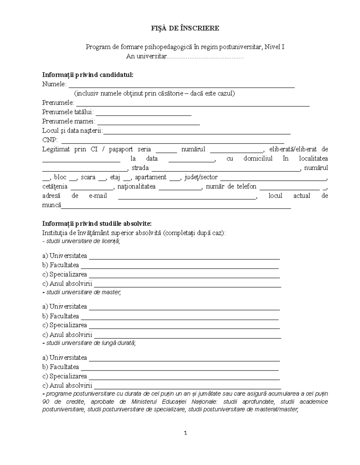 Fisa Inscriere PUNiv I - peda - FI Ă DE ÎNSCRIEREȘ Program de formare ...