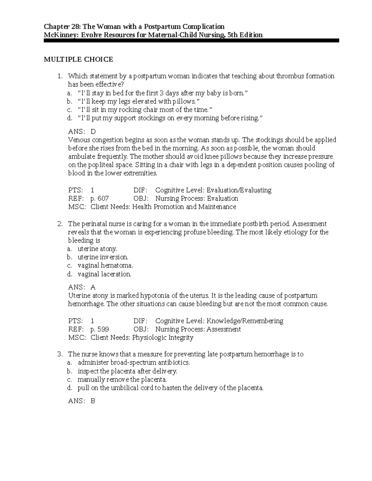 C28 - Test banks - Chapter 28: The Woman with a Postpartum Complication ...