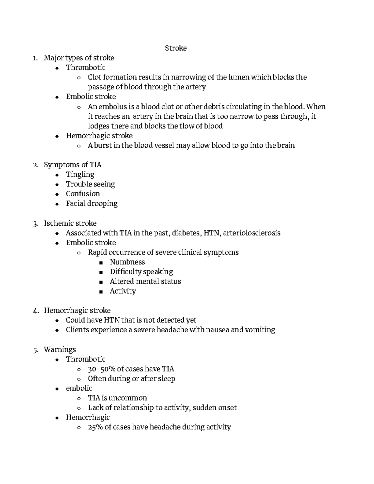 med surge stroke study guide - Stroke Major types of stroke Thrombotic ...