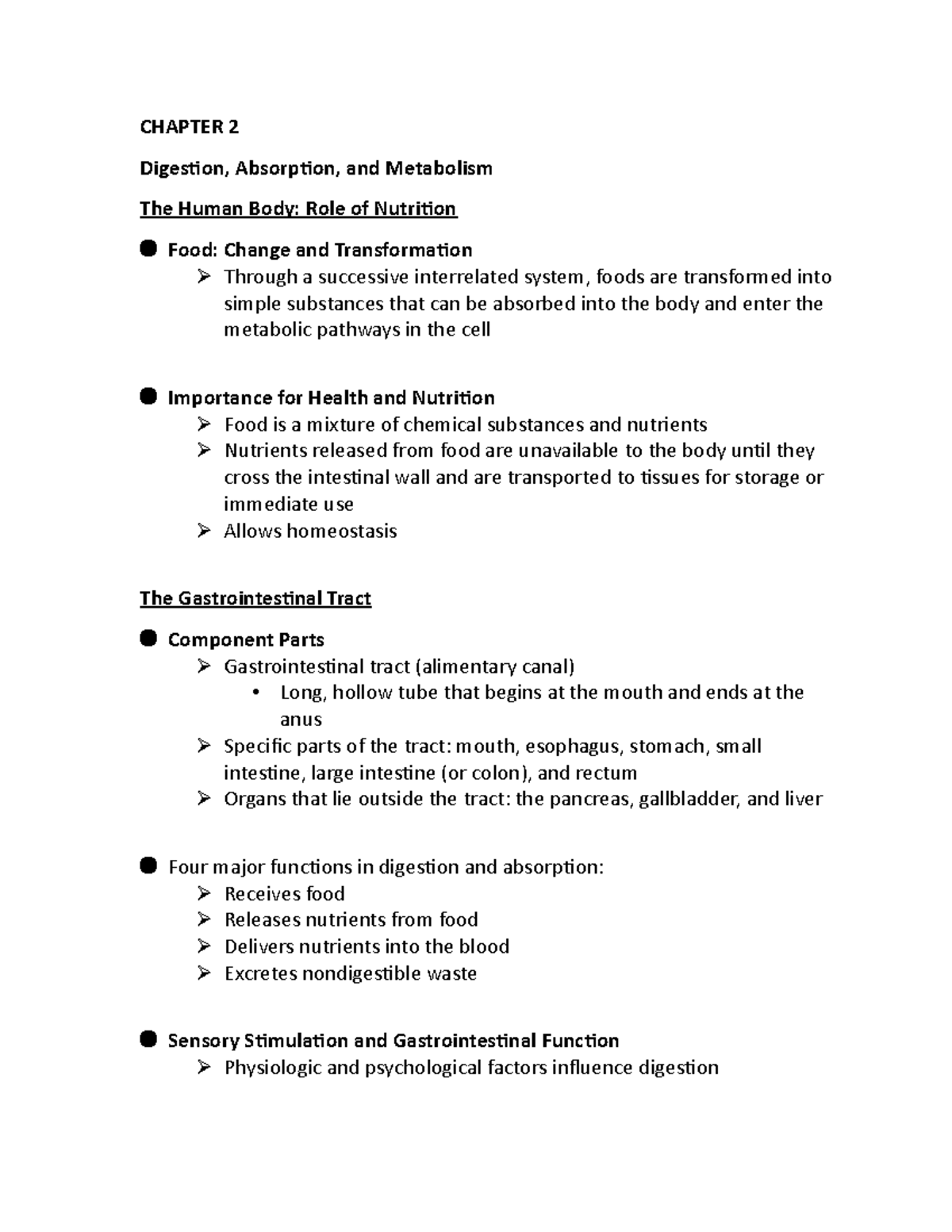 Week 1 notes Chapter 2 - CHAPTER 2 Digestion, Absorption, and ...