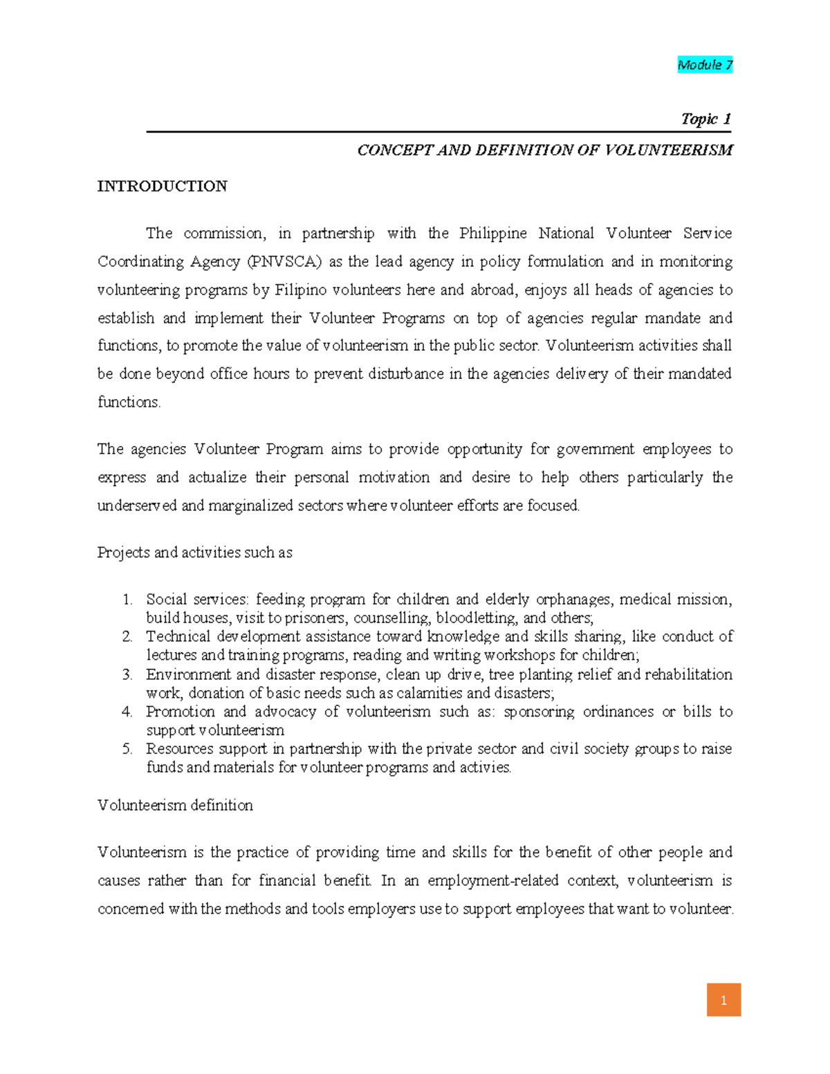 Module 6 7 Volunteerism ISU A - Topic 1 CONCEPT AND DEFINITION OF ...