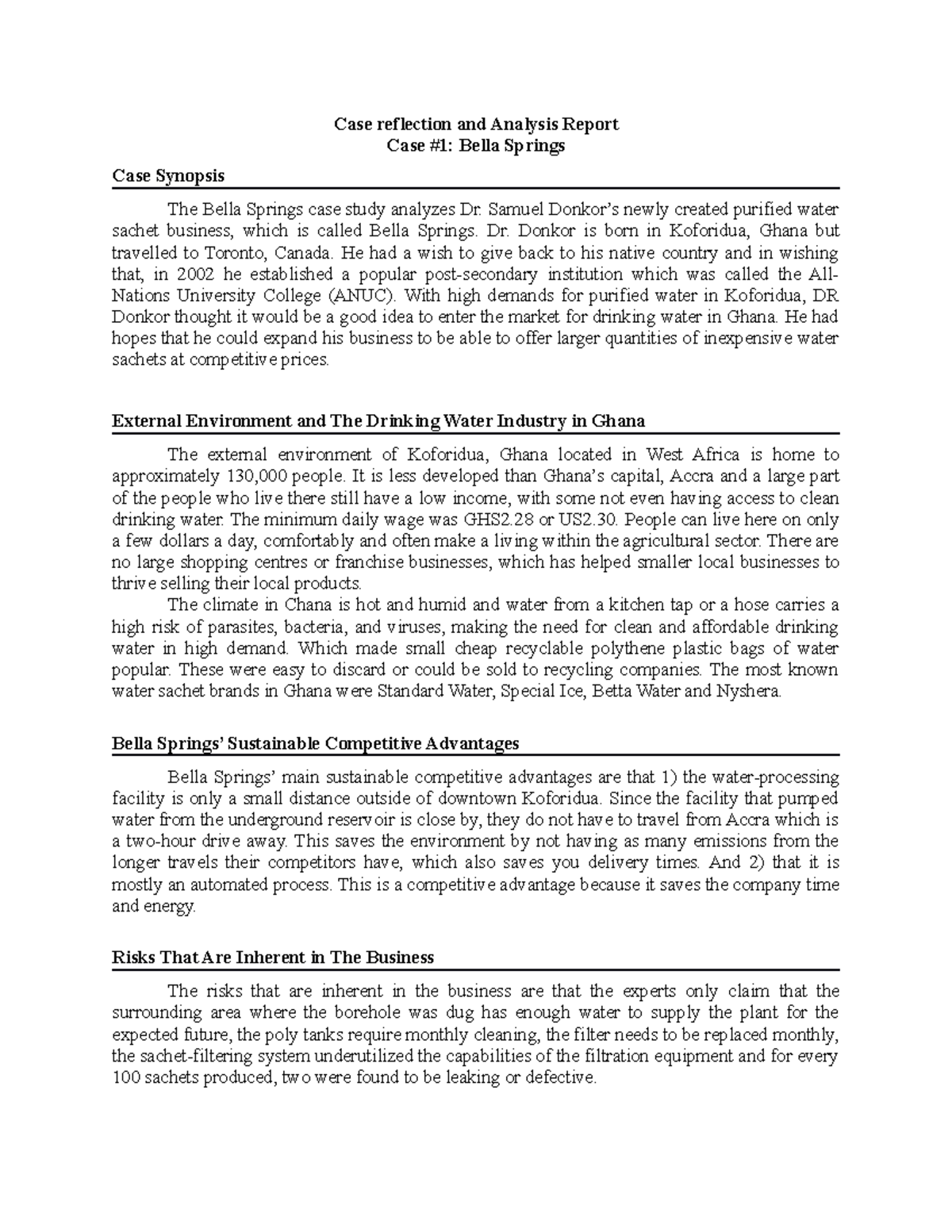 Case report #1 - Bella Springs - Case reflection and Analysis Report ...