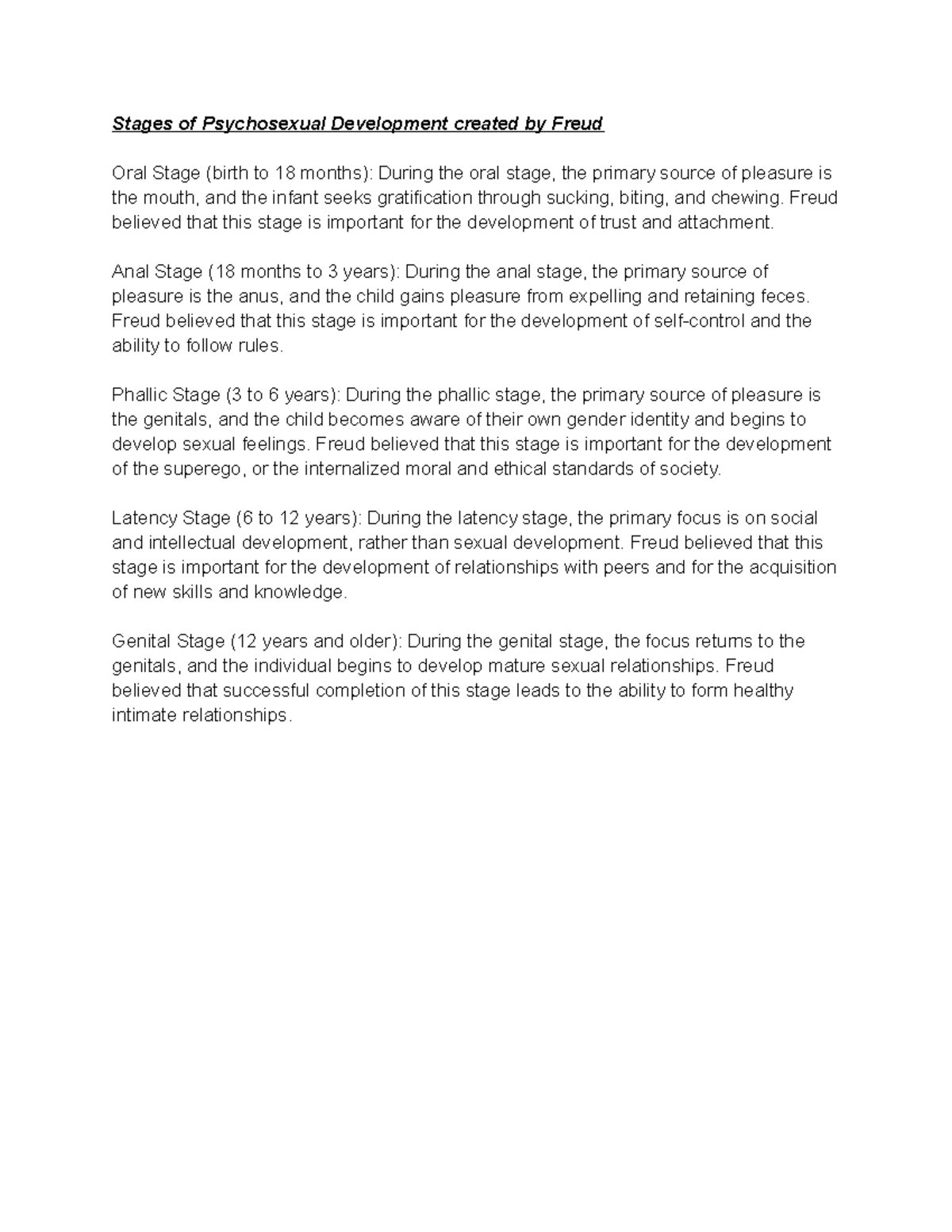 Stages of Psychosexual Development created by Freud - Freud believed ...