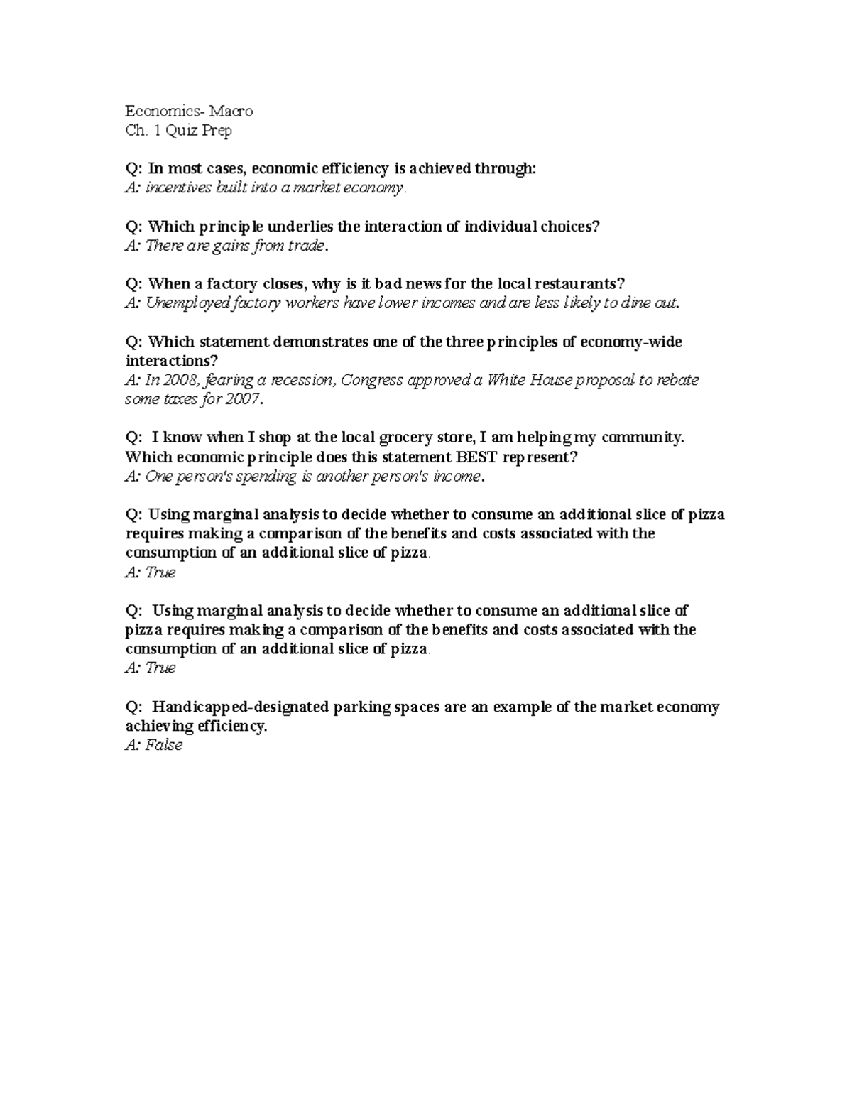Economics- Macro Ch 1 quiz prep - Economics- Macro Ch. 1 Quiz Prep Q ...