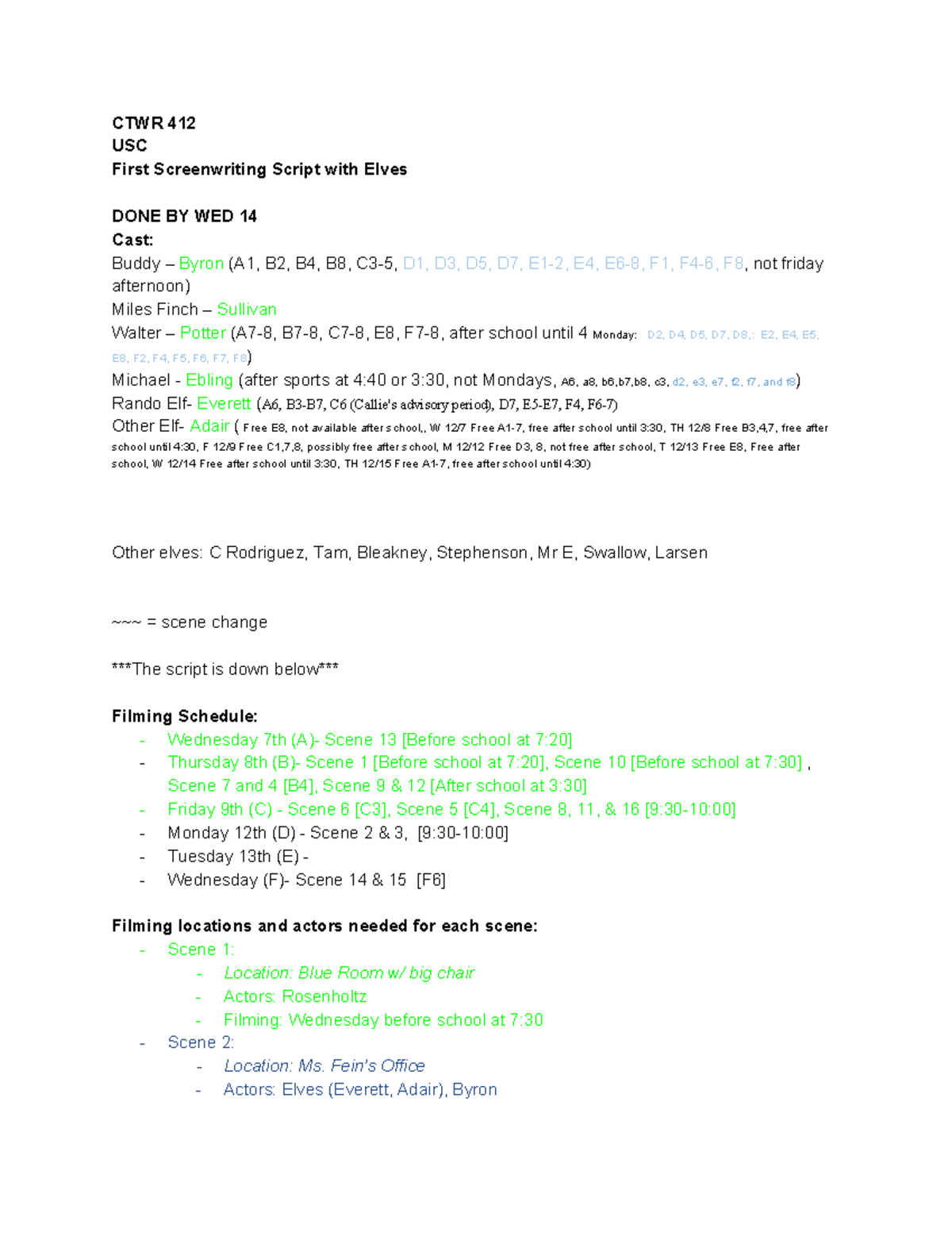 CTWR412 ELF Script - CTWR 412 USC First Screenwriting Script with Elves ...