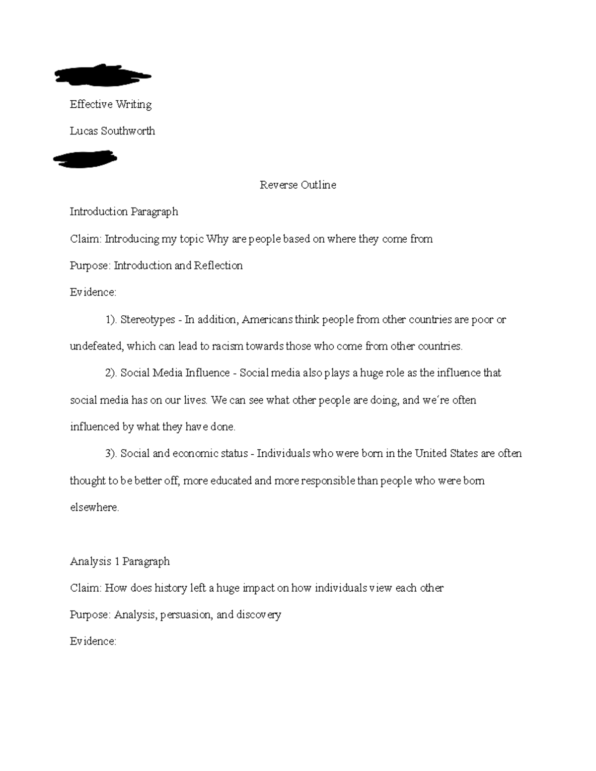 Reverse Outline - Professor Lucas Southworth - Nicole Reyes Effective ...