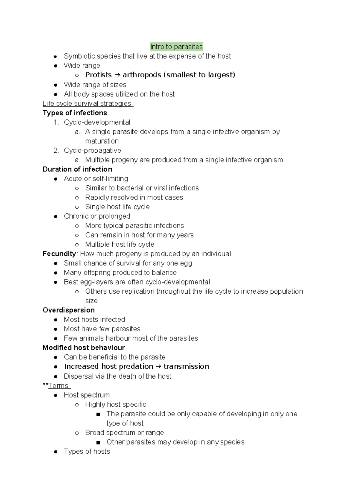 PATH3040 notes - Intro to parasites Symbiotic species that live at the ...