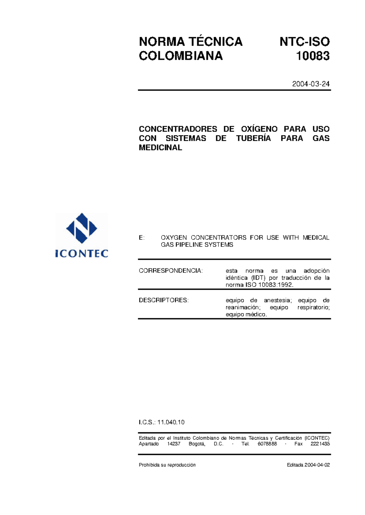 NTC-ISO10083 - Normas - NORMA TÉCNICA NTC-ISO COLOMBIANA 10083 2004-03- CONCENTRADORES DE ...