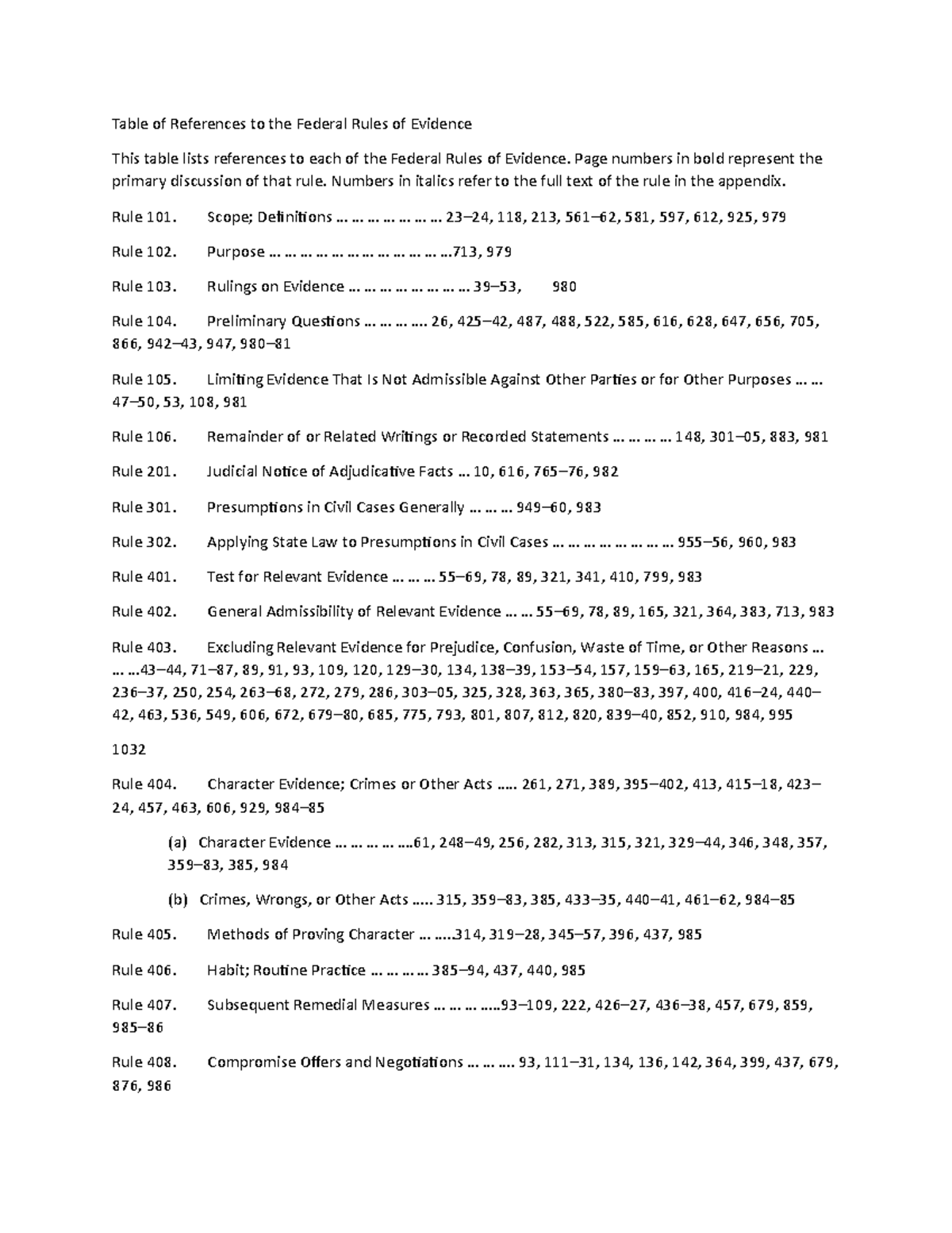 Table of References to the Federal Rules of Evidence - Page numbers in ...