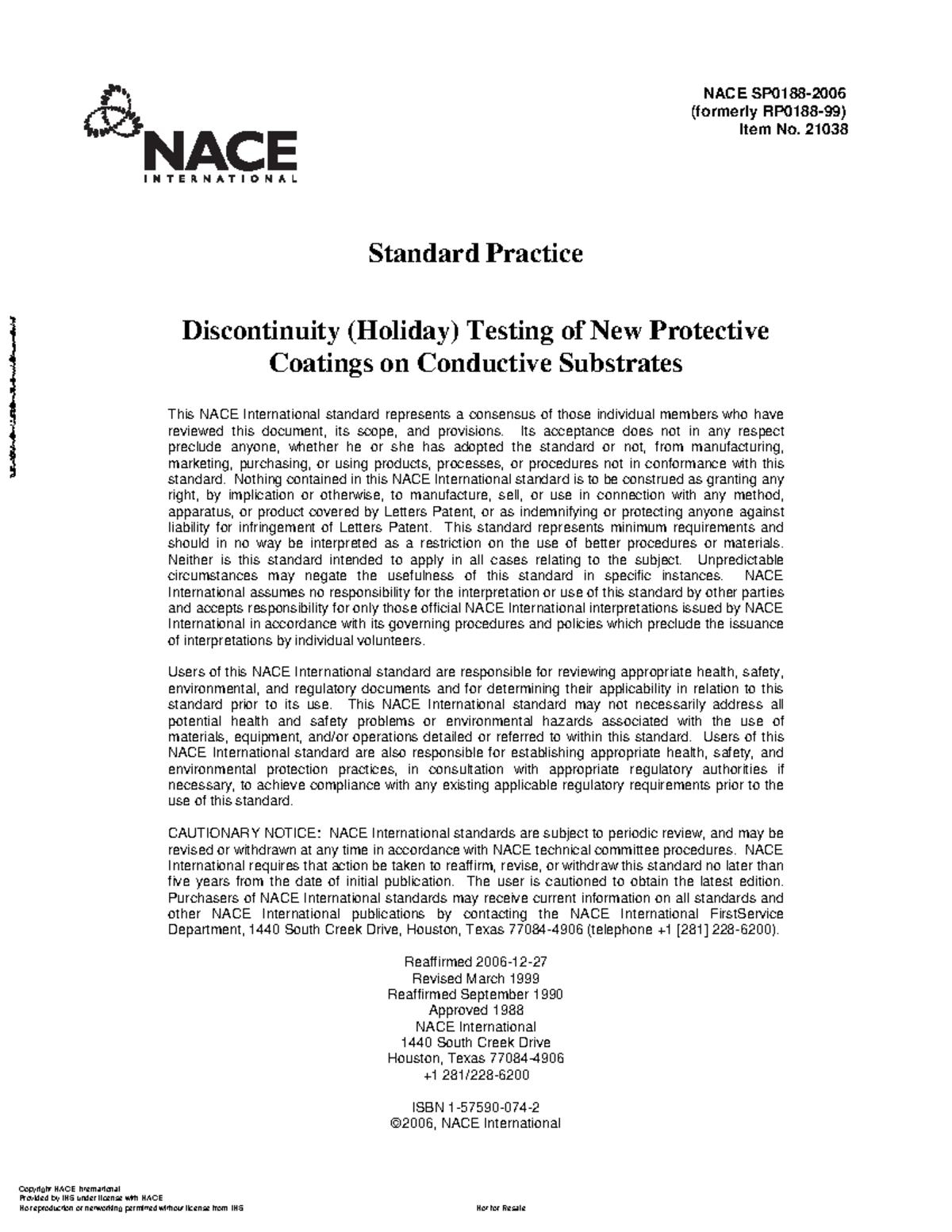 NACE SP 0188 2006 - Discontinuity (Holiday) Testing of New Protective ...
