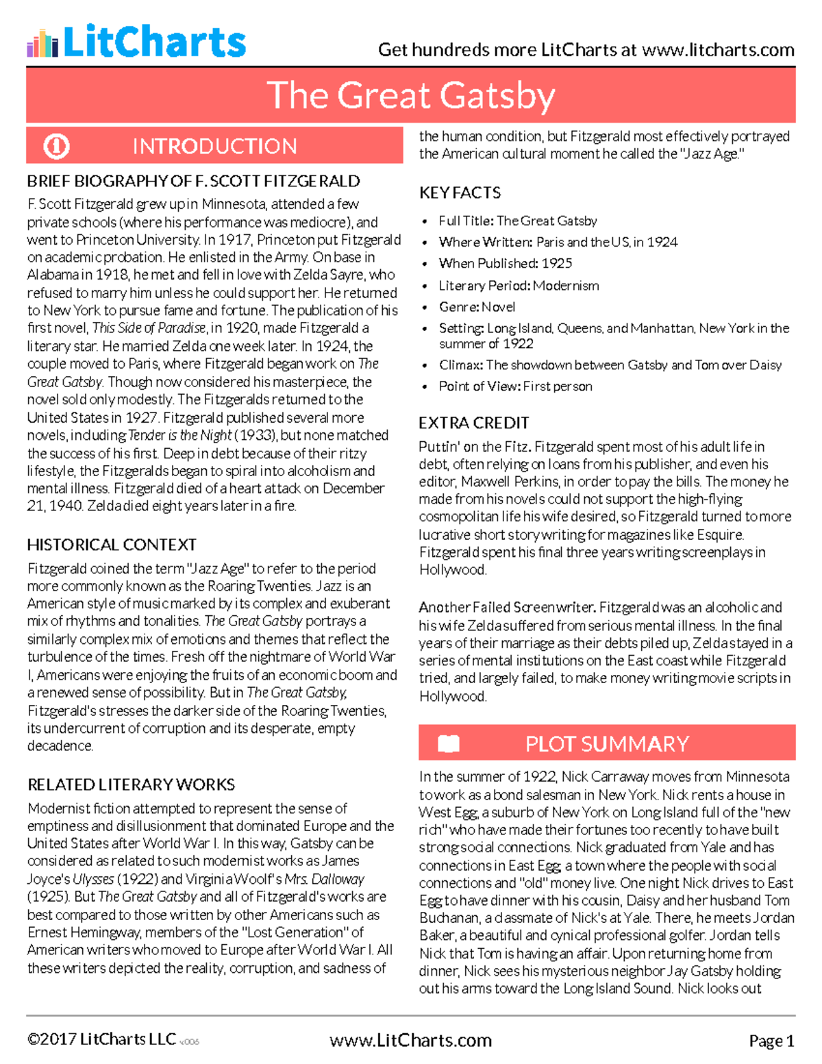 The Great Gatsby Lit Chart - The Great Gatsby BRIEF BIOGRAPHY OF F ...