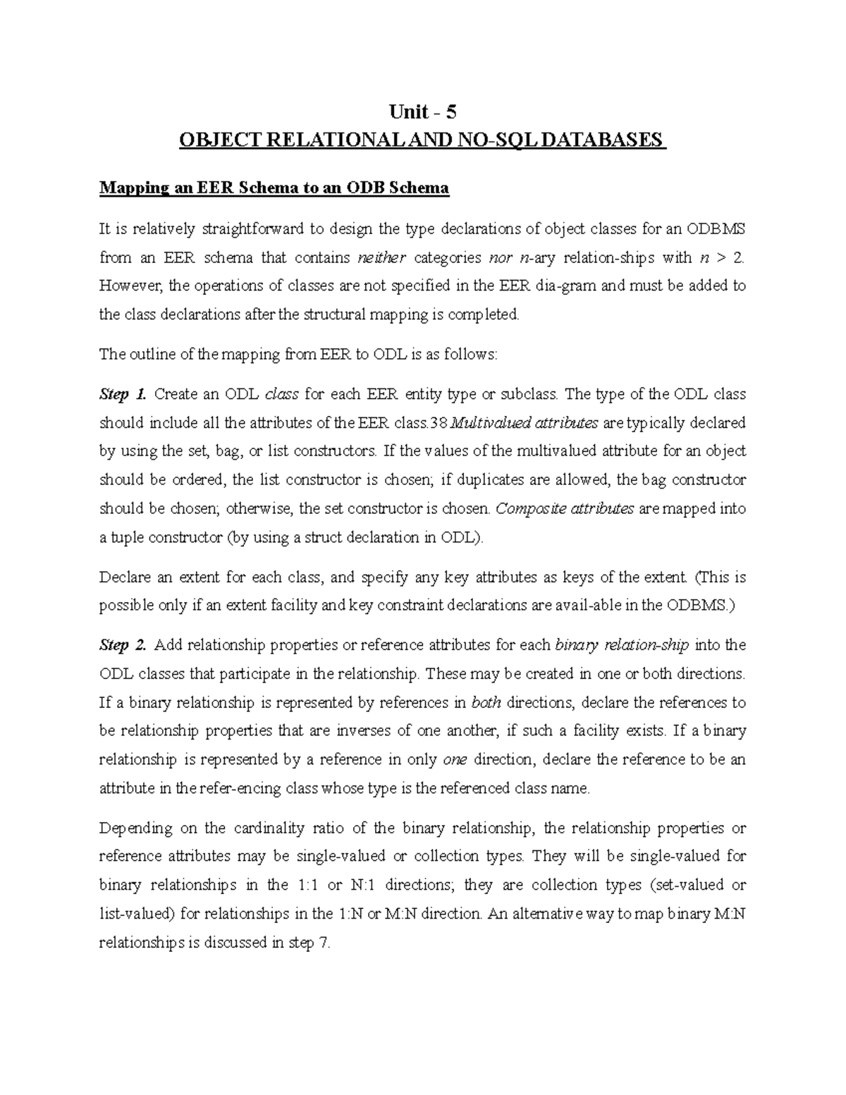 DBM unit - 5 - Unit - 5 OBJECT RELATIONAL AND NO-SQL DATABASES Mapping ...