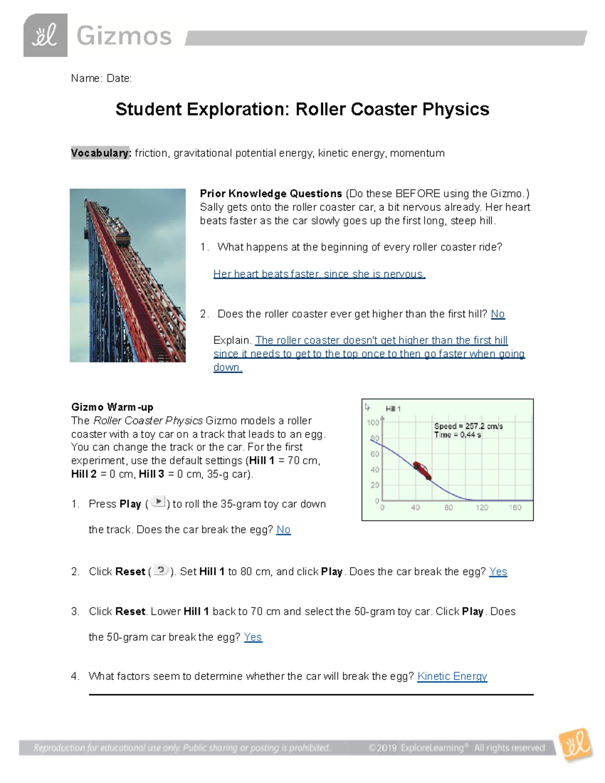 #15- Gizmo Roller Coaster - Name: Date: Student Exploration: Roller ...
