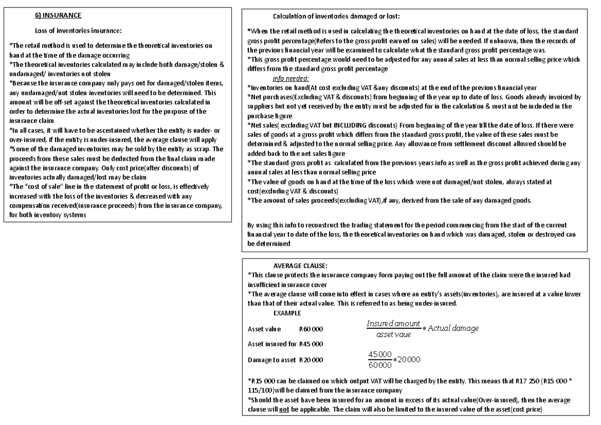 6 insurance - Lecture notes 3-4 - AVERAGE CLAUSE: *This clause protects ...