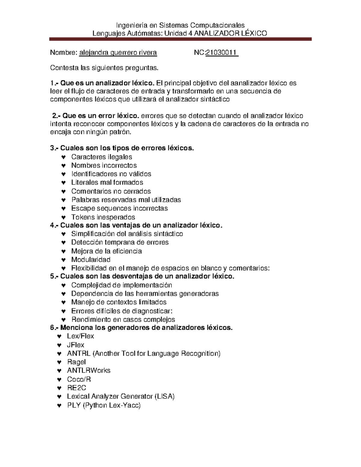 Examen 4 - lencuajes y automatas - Ingeniería en Sistemas Computacionales Lenguajes Autómatas ...