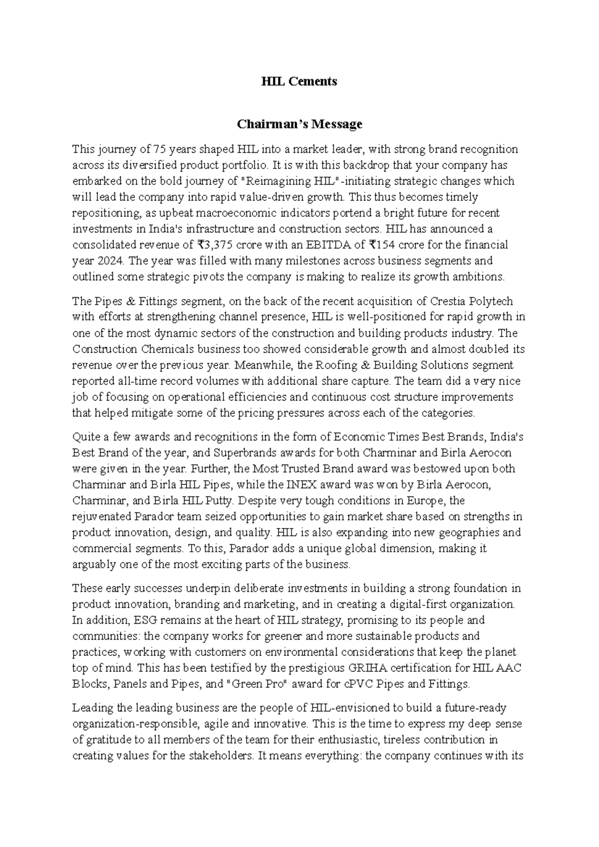 HIL Report - HIL Cements Chairman’s Message This journey of 75 years ...