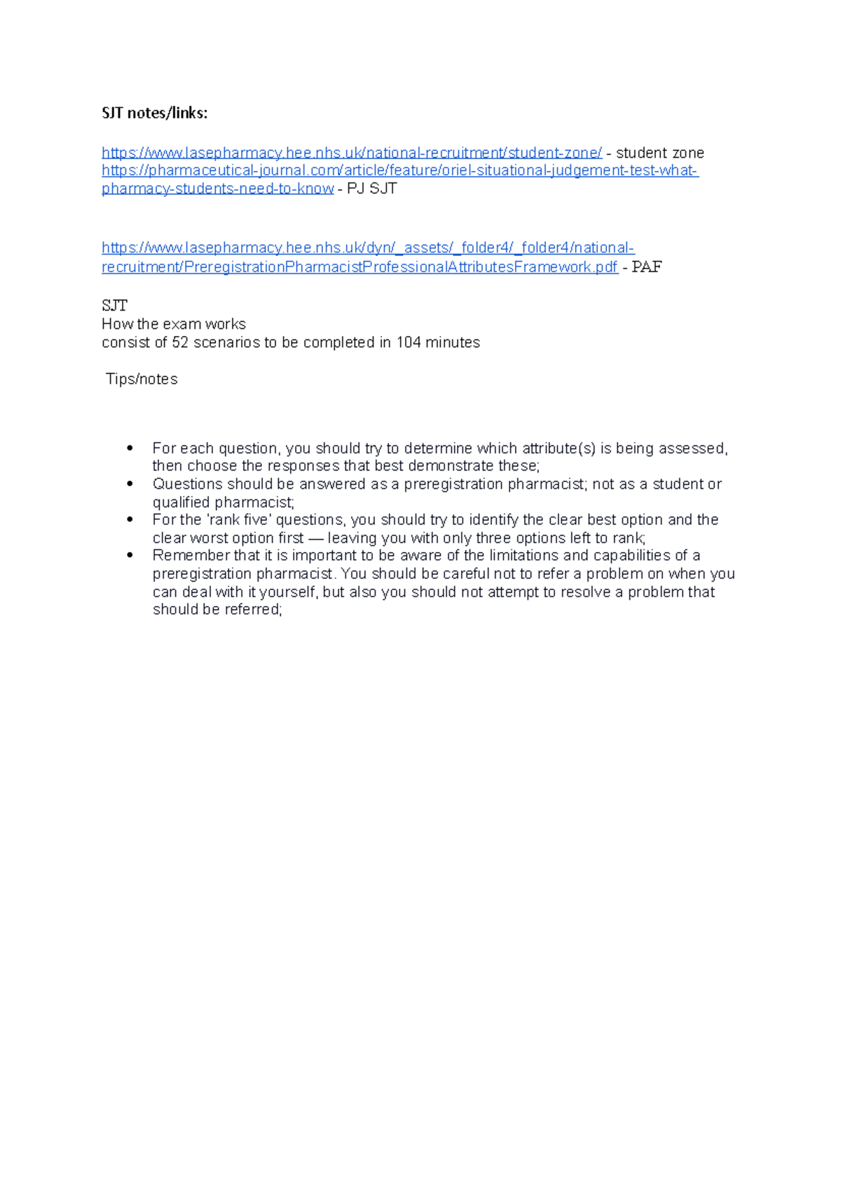 Oriel notes for pre-reg - SJT notes/links: lasepharmacy.hee.nhs ...