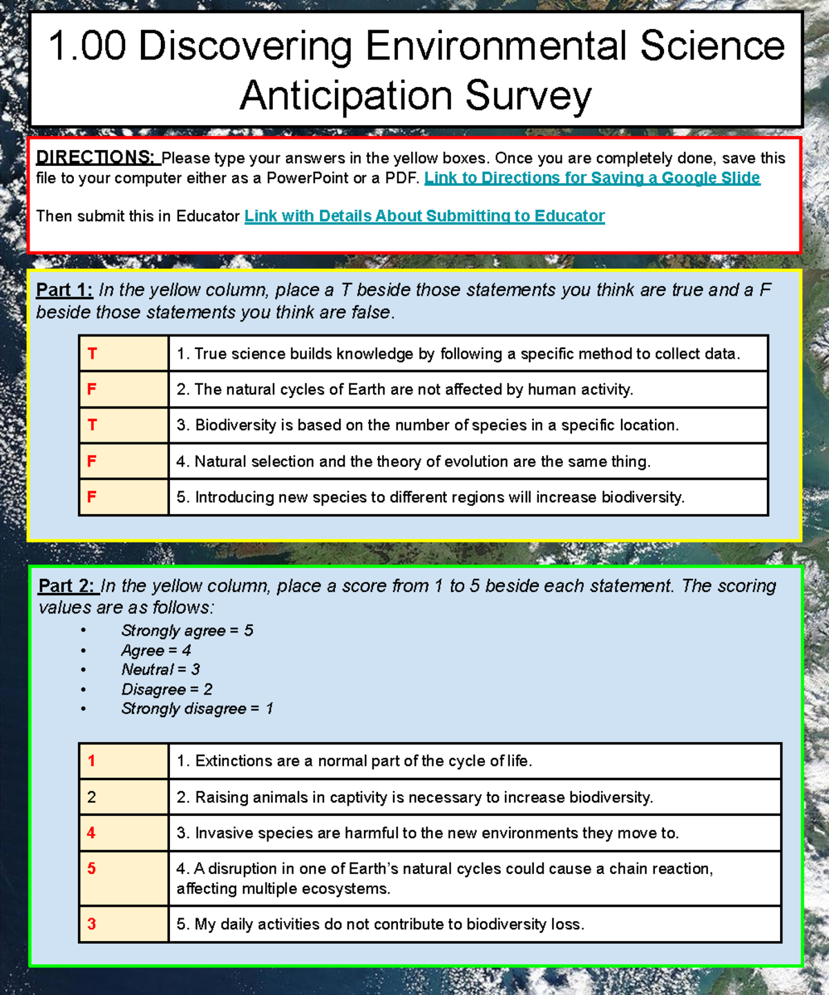 Copy of 1.00 Anticipation Survey - 1 Discovering Environmental Science ...