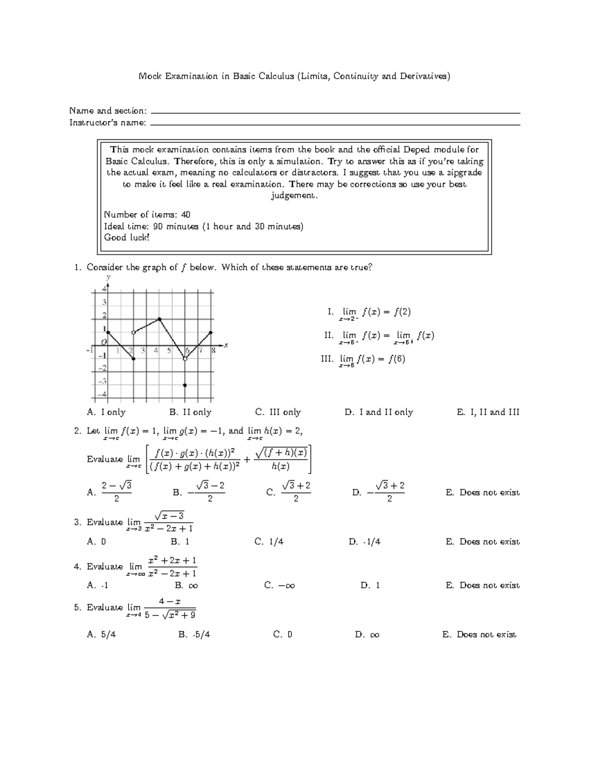 Prelims 3rd Qtr Basic Calculus Examination - Mock Examination in Basic ...