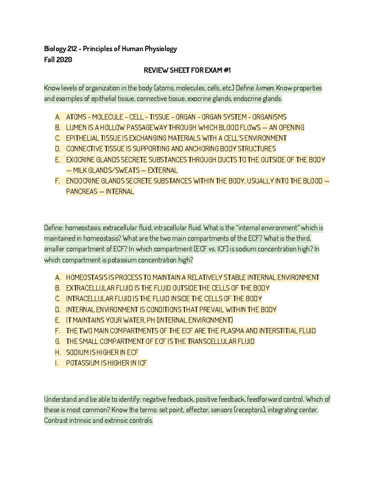 Exam #1 Physiology Study Guide - **Biology 212 - Principles of Human ...