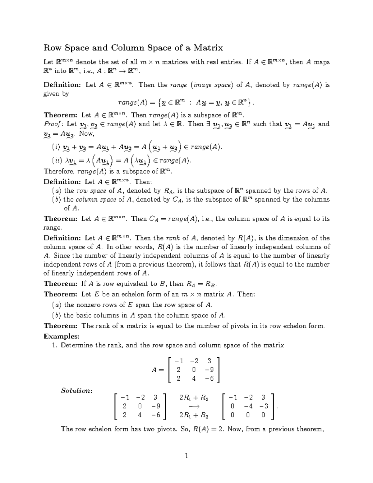 SMA 2201 Linear Algebra I Notes 6 - Row Space and Column Space of a ...