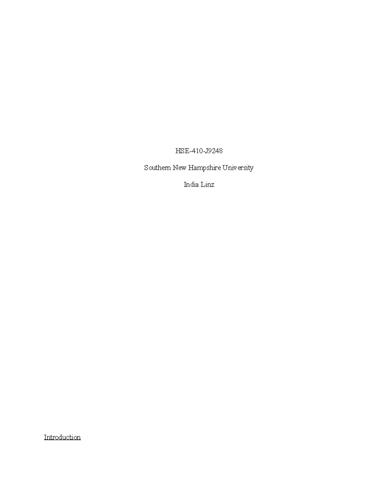 HSE 410 Week 1 Journal - HSE-410-J Southern New Hampshire University ...