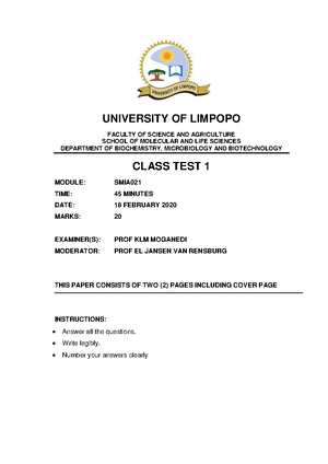 Theory test 1 - UNIVERSITY OF LIMPOPO FACULTY OF SCIENCE AND ...