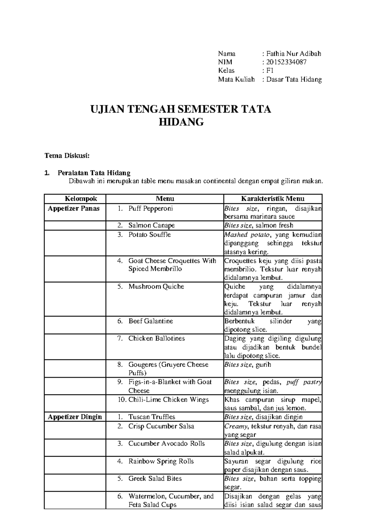 Dasar Tata Hidang Menu Kontinental - Nama : Fathia Nur Adibah NIM ...