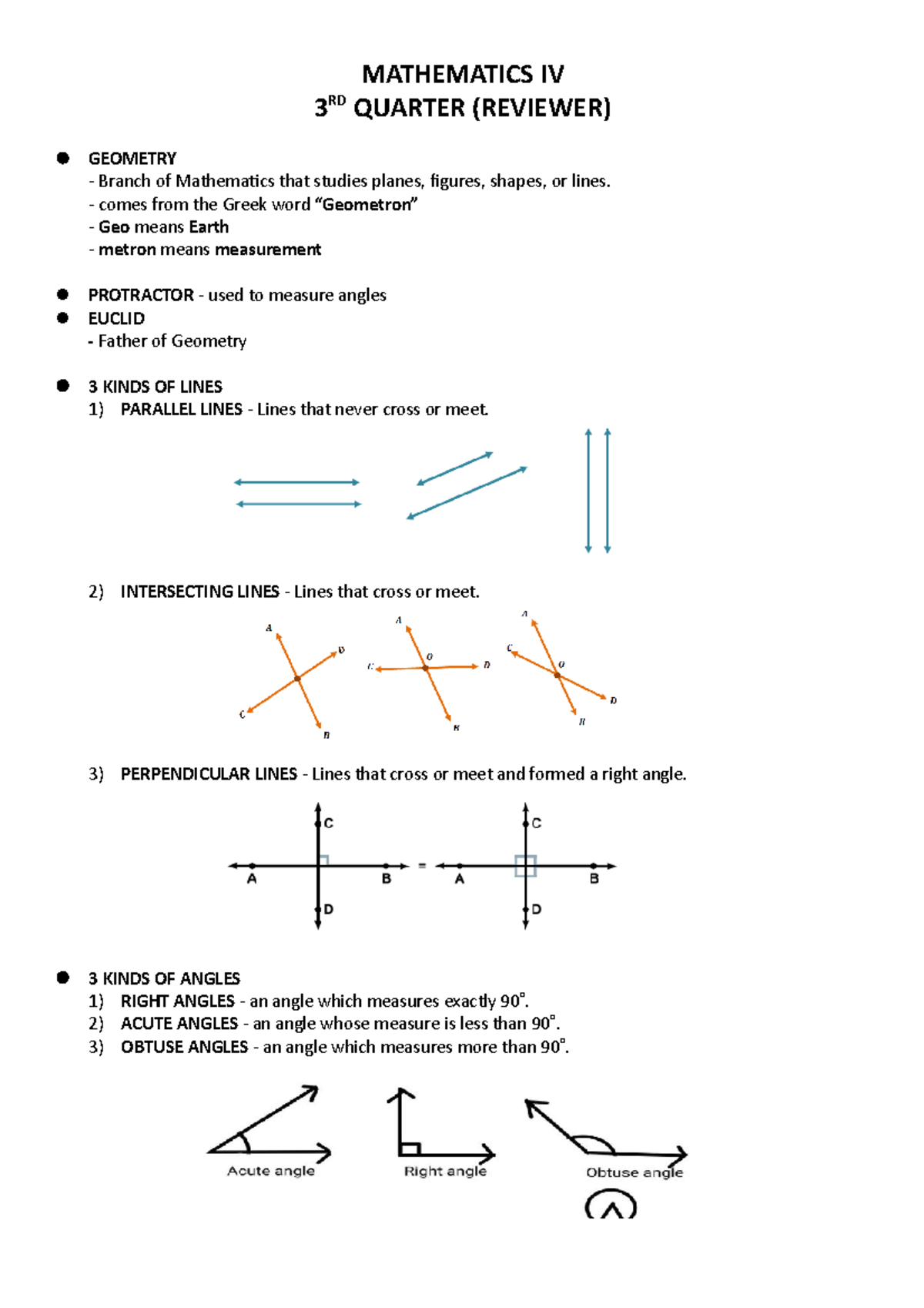 Reviewer - MATHEMATICS IV 3 RD QUARTER (REVIEWER) GEOMETRY Branch of ...