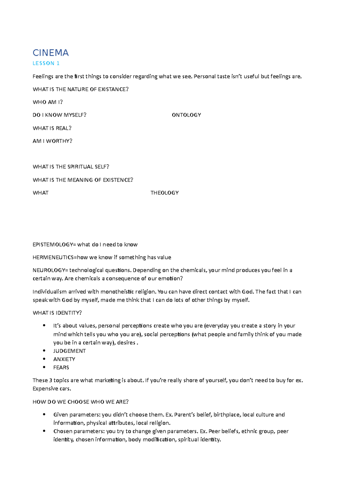 Cinema AND Social Theories 2 - CINEMA LESSON 1 Feelings are the first ...