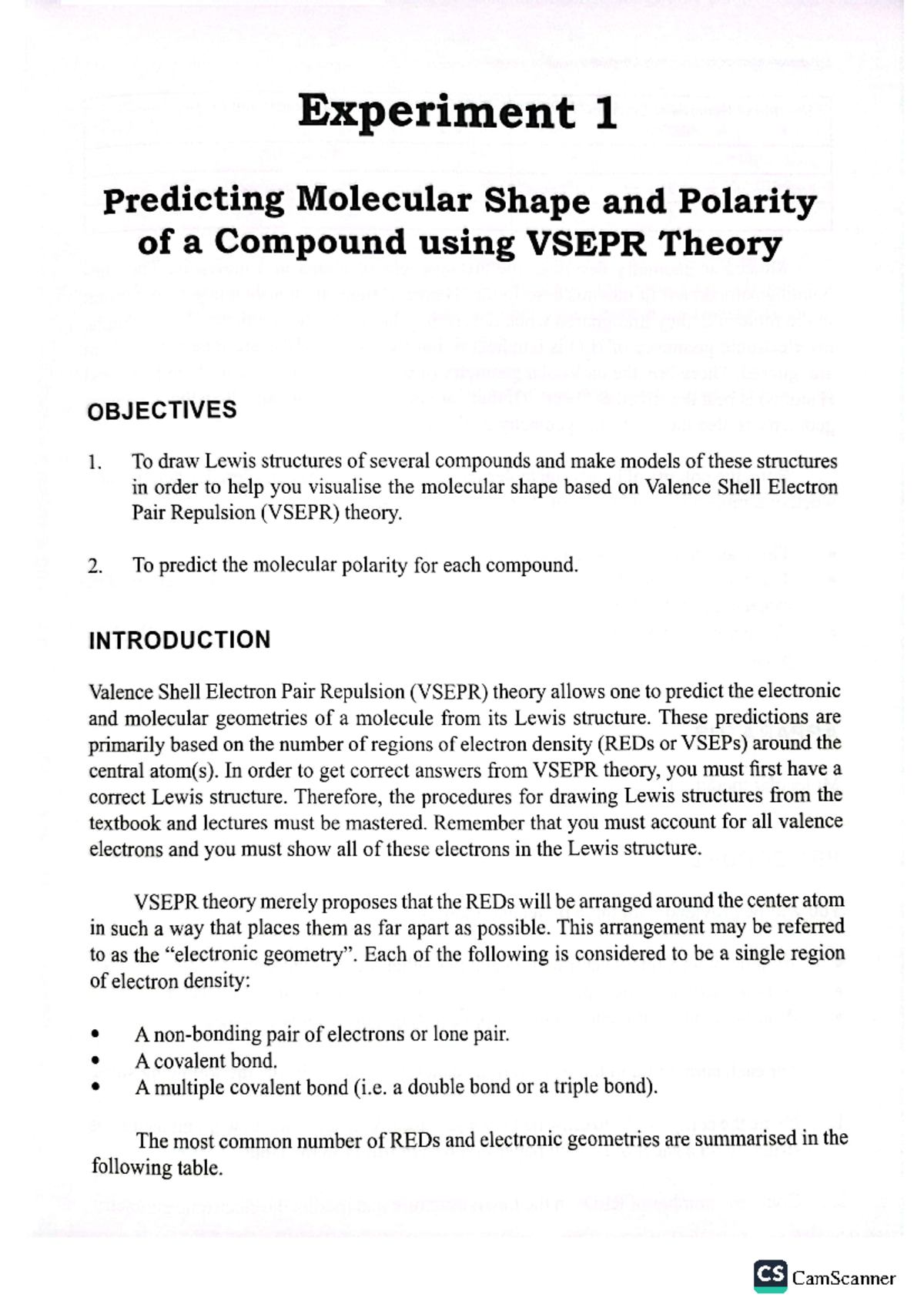 Exp 1 and 2 Chm361 - Experiment 1/2 - Experiment 1 Predicting Molecular Shape and Polarity of a ...