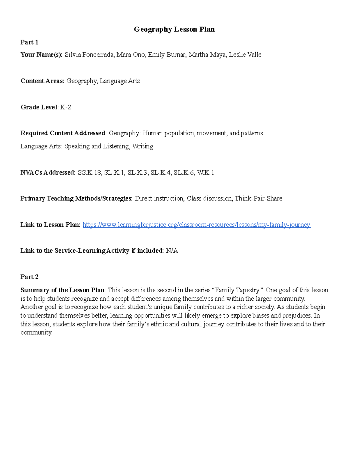 Geography Lesson Plan - Geography Lesson Plan Part 1Your Name(s ...