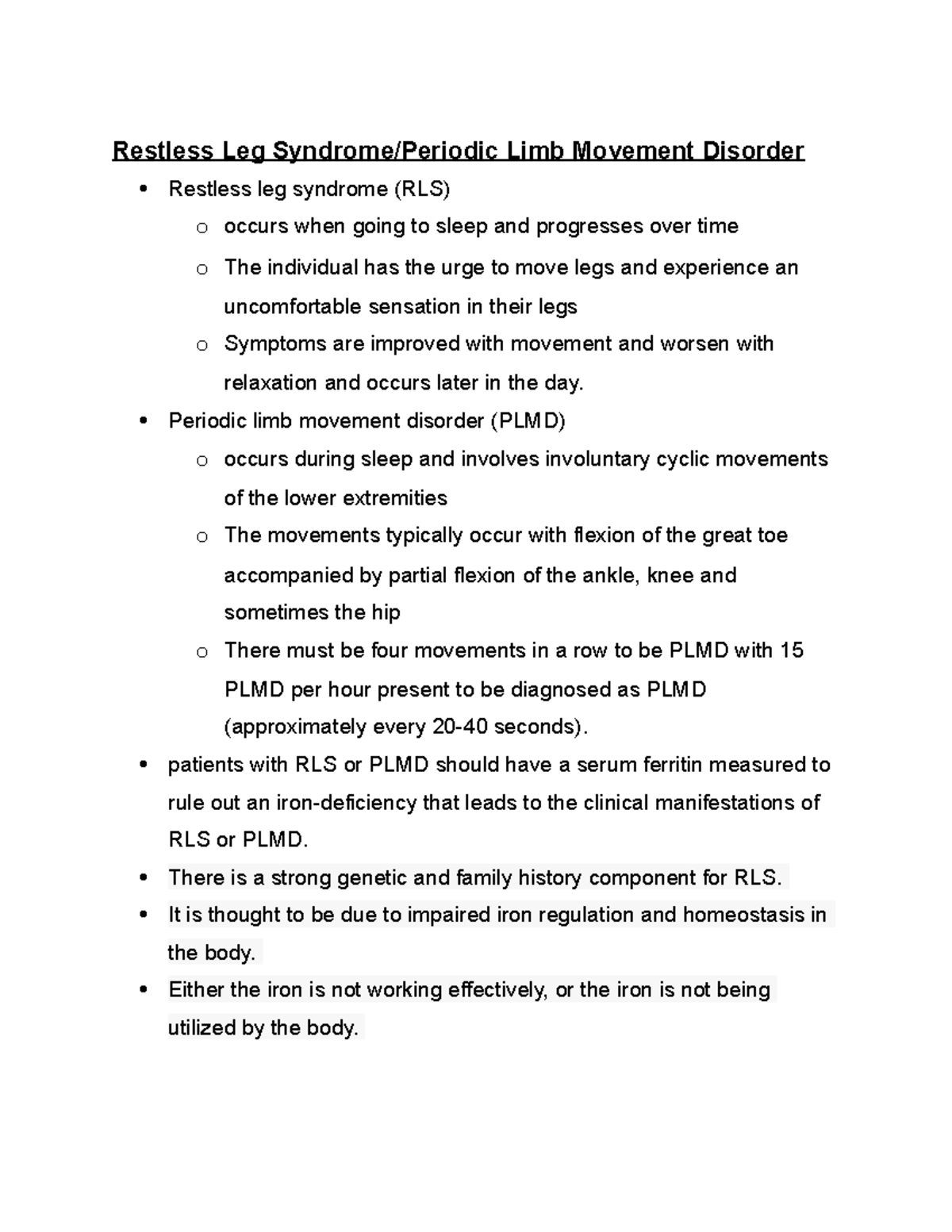 Restless Leg Syndrome - Lecture notes 5-8 - Restless Leg Syndrome ...