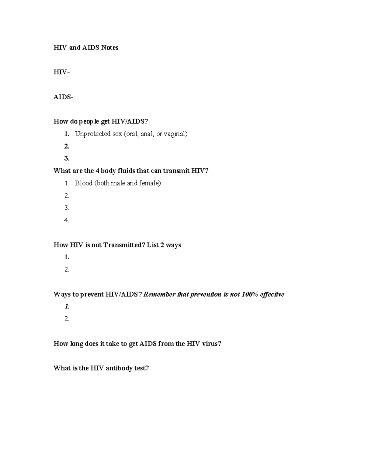 HIV and AIDS Notes - note page on hiv and aids - HIV and AIDS Notes HIV ...