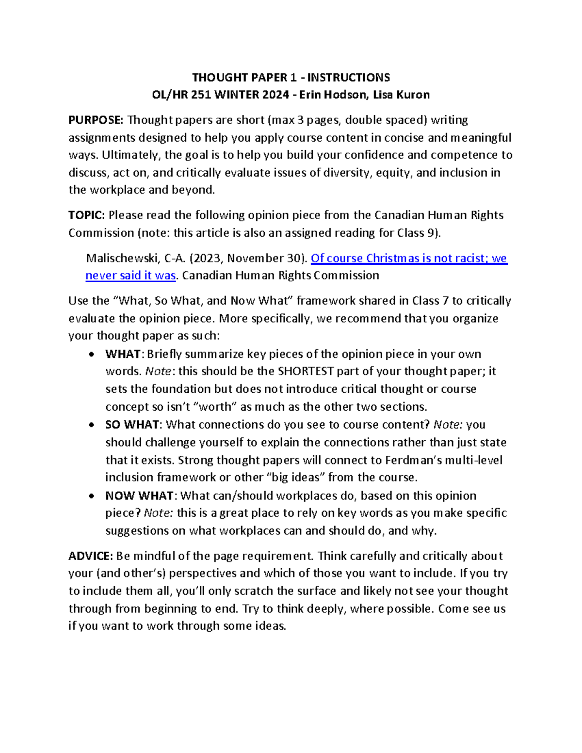 OLHR251 W24 - Thought Paper 1 Instructions - THOUGHT PAPER 1 ...