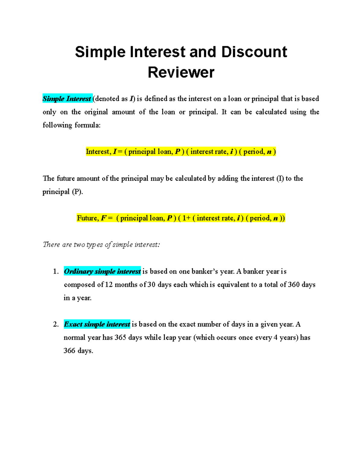 Simple Interest and Discount Reviewer - Simple Interest and Discount ...