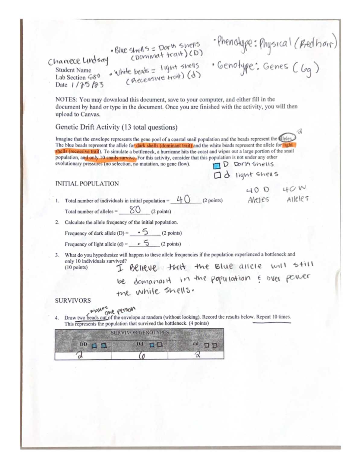 BIO LAB 1 - genetic drift lab activity - Bio 1407 - Studocu